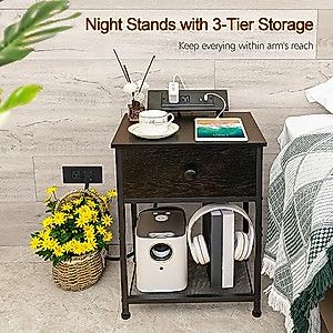 AMHANCIBLE Night Stand Set 2, Small Black Nightstand with Charging Station, End Side Tables Living Room with USB Ports & Outlets, Slim Bedside Table with Drawers for Bedroom HET03SDPBK