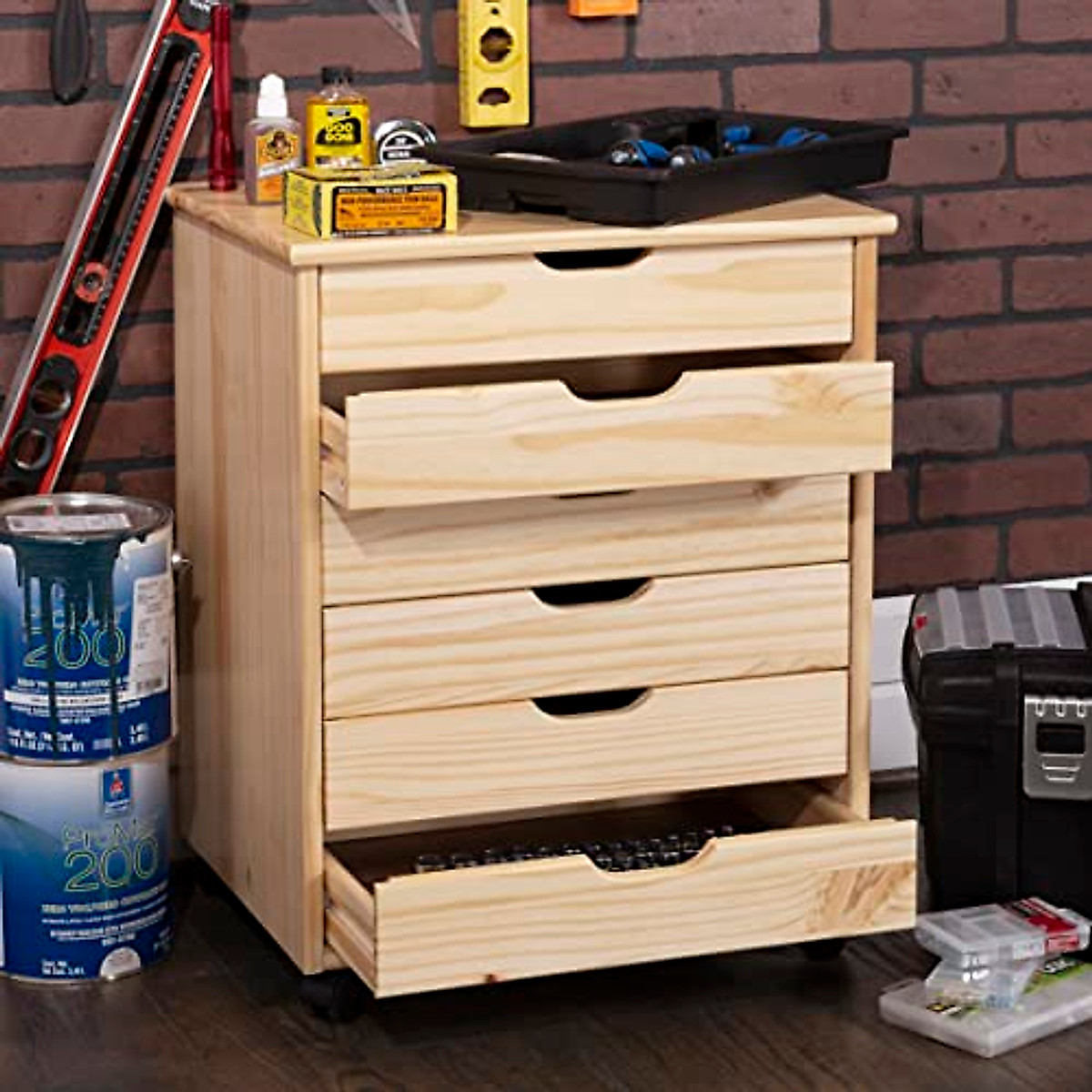 Linon Home Decor Products Corinne Six Drawer Wide, Natural Rolling Cart