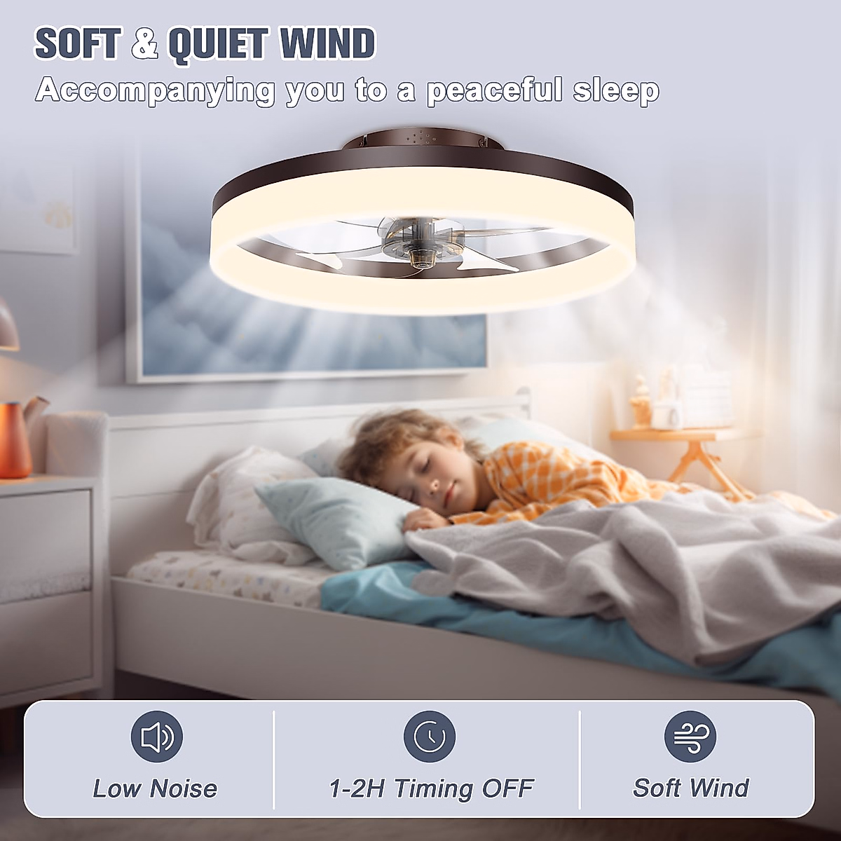 VOLISUN Low Profile Ceiling Fans with Lights and Remote, 19.7in Fandelier Ceiling Fan Flush Mount, 3000K-6500K Smart Bladeless LED Fan Light, Brown Modern Ceiling Fans with Lights for Bedroom