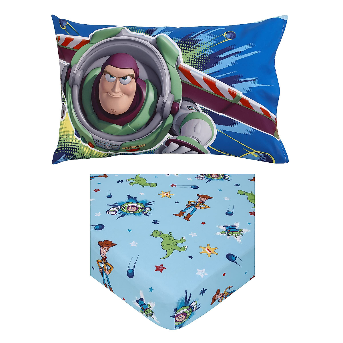 DISNEY Toy Story Power Up 2 Pack Fitted Sheet and Pillowcase Toddler Sheet Set, Blue/Green