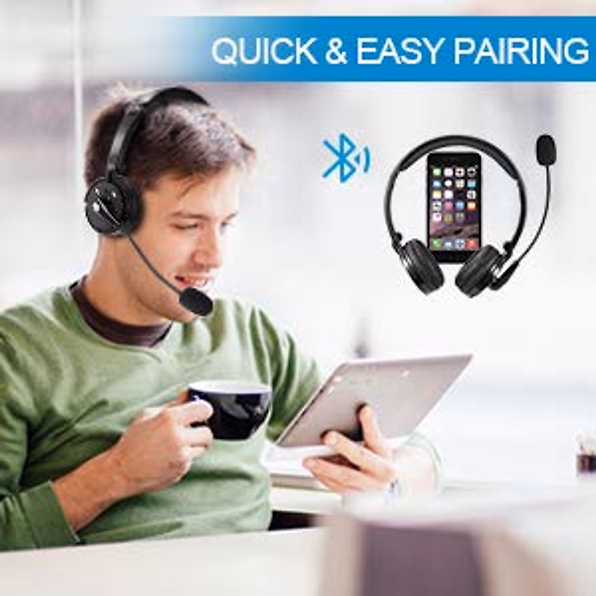 suily Bluetooth Headphones Cellphone Headset with Mic, Over Head Wireless Headphone, Noise Cancellation On-Ear Office Bluetooth Headset Earpiece for Cell Phone, Truck Driver, Office Call Center, Skype