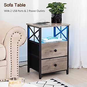 AMHANCIBLE Night Stand Set 2, LED Nightstands for Bedroom Set of 2 with Charging Station, End Table with USB Port and Outlet, Side Table with 2 Storage Drawers for Living Room, Greige, HET052LGY