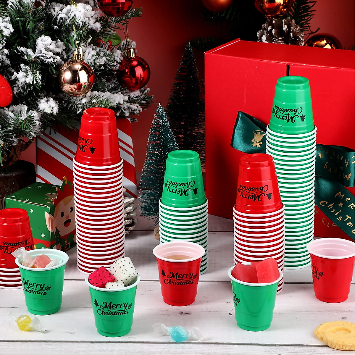Lounsweer 100 Pcs Christmas Plastic Shot Glasses Shot Cups 2 oz Disposable Shot Cups Mini Party Shot Glasses for Bachelorette Birthday Drinking Tasting Serving Snack Samples Cup