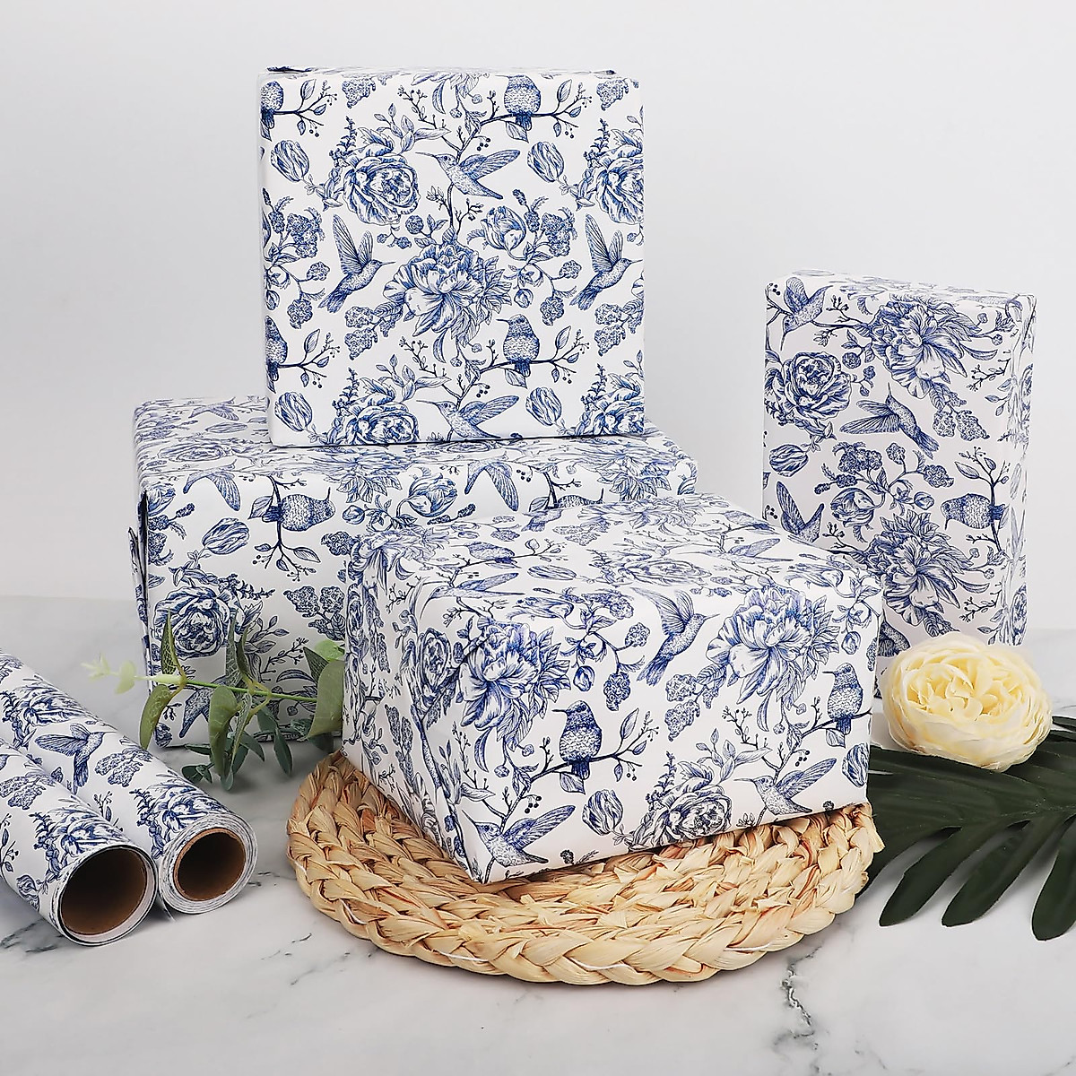 1 Roll Blue Floral Bird Wrapping Paper Mini Roll 17in x 32.8Ft Blue White Flowers Bird Pattern Gift Wrap Paper Vantege Floral Paper for Birthday Wedding Baby Shower Party Wrapping Supplies