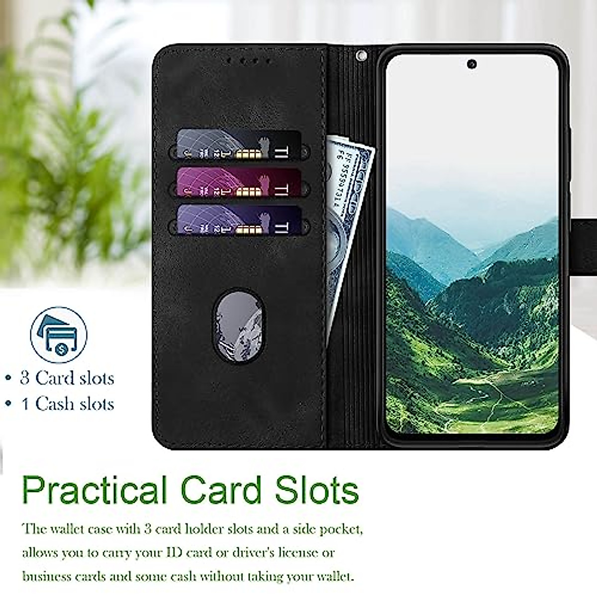 JHWVVTF for Moto G 5G 2022 Wallet Case, Card Holder Leather Kick-Stand, Wrist Strap, Magnetic Closure, Shockproof Protective Pattern Flip Cover (Black)