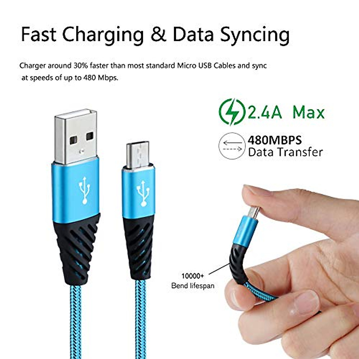 Boenoea Fast Phone Charger Android 10ft 5-Pack Long Micro USB Cable Braided Compatible with Samsung Galaxy J3 J7 S6 S7 Edge Note 4 5 LG BlackBerry Motorola Xbox PS4 Kindle