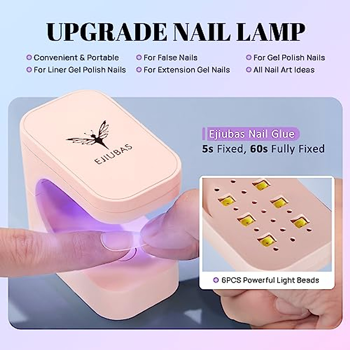 Ejiubas Gel Nail Kit, Nail Tips and Gel Kit with 15ML Solid Gel, 300PCS Extra Short Square Fake Nails with Portable Nail Lamp, DIY Nail Art Tools Gel Nail Extension Kit Acrylic Nail Kit
