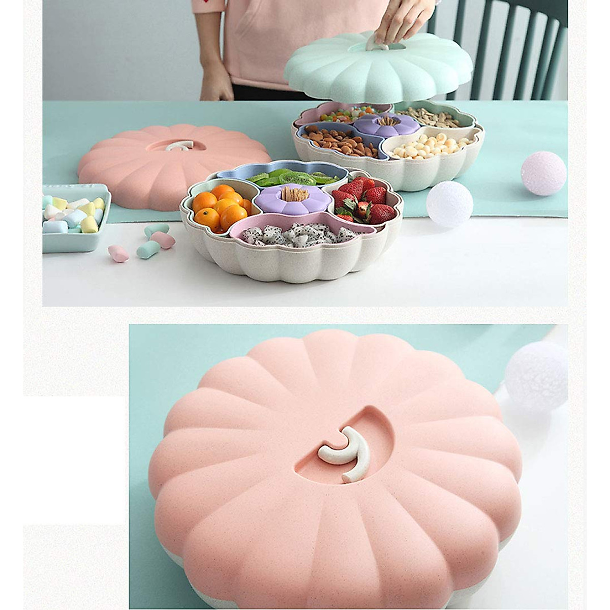 Golandstar Pumpkin Shaped Party Snacks Serving Tray Appetizer Plates Snack Bowls with Lid Multi Sectional Snack Bowl Trays Container Box for Storing Dried Fruits, Nuts, Candies, Fruits (Pink)