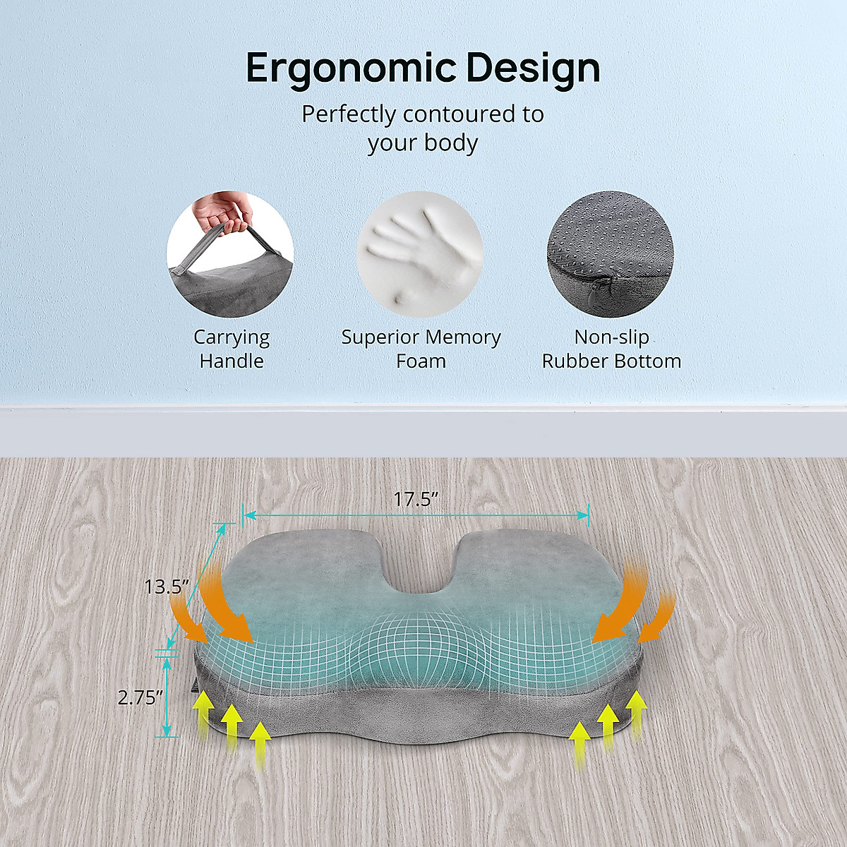 Evajoy Seat Cushion for Office Chair, Memory Foam Cushion with Ergonomic Design, Carrying Handle, Non-Slip Butt Pillow for Lower Back, Coccyx, Sciatica, Tailbone Pain Relief