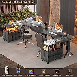 Homieasy L Shaped Office Desk with Storage Cabinet and Recessed Power Strip LED Strip, 55 Inch Thickened Heavy Duty Executive Computer Desk with 2 Drawers and 1 Door Cabinet, Black Oak F15