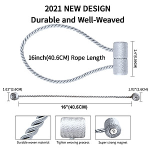 YUNTUOO 18 Inch Strong Magnetic Curtain Tiebacks, Curtain Holdbacks Modern Upgrade Strong 2021 New Twisted Style Decorative Drapery Rope ​Tie Backs(2 Pack Silver Grey)