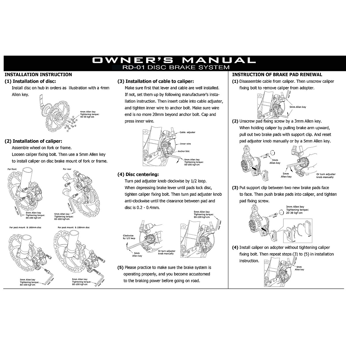 RUJOI Bike Disc Brake Kit, Aluminum Rear Caliper, Full Aluminum Alloy Bicycle Brake Lever, 160mm Rotor, Mechanic Tool-Free Pad Adjuster for Road Bike, Mountain Bike (1 Set)