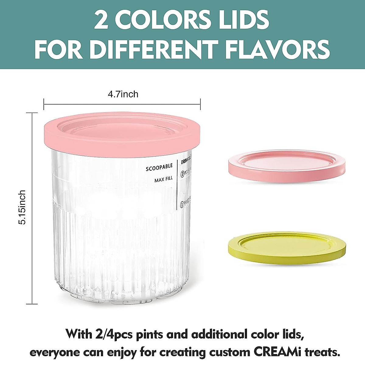 AFDLLDQM 24 oz. Extra Pint | Containers Replacement for Ninja Creami Pints and Lids - 4 Pack, Compatible with Ninja NC500, NC501 Series Creami Deluxe Ice Cream Maker - Dishwasher Safe