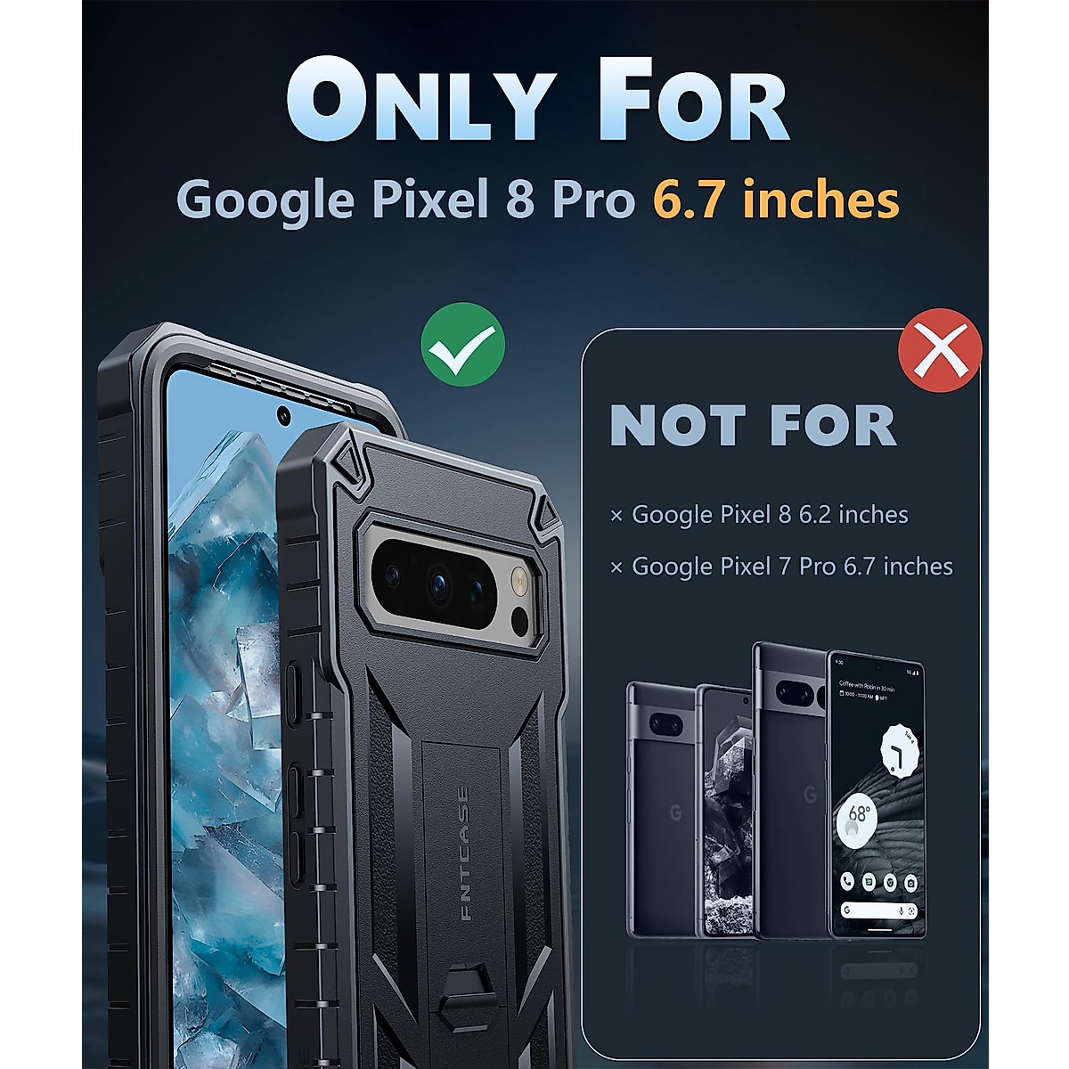FNTCASE for Google Pixel 8-Pro Case: Shockproof Military Grade Protection Phone Cover with Built-in Kickstand | Drop Proof Hybrid Matte Textured Protective Cell Shell - Black 6.7 Inch