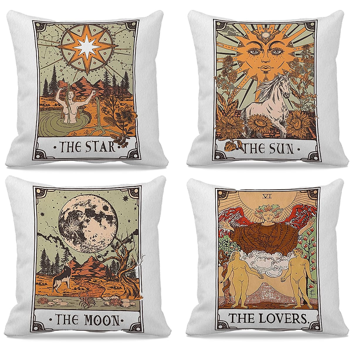 GICHUGI Astrology 18’’X18’’ Set of 4 Tarot The Sun The Moon The Star The Lovers Twelve Constellations Decorative Throw Pillow Case,Mystical Home Decor,Gifts for Tarot Astrology Lovers (White)