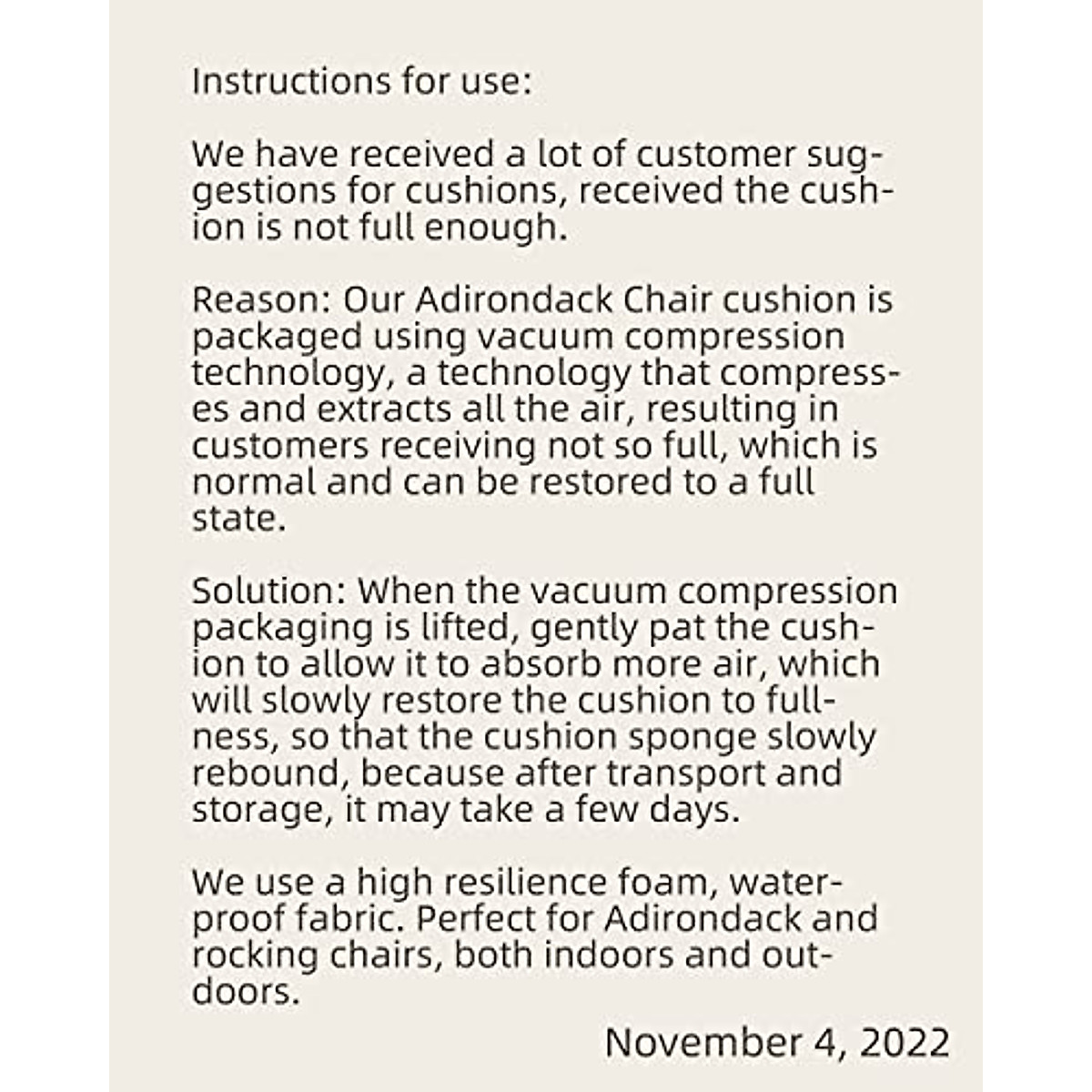 Indoor Outdoor Adirondack Chair Cushion, Patio Rocking Chairs Cushions, Waterproof Sun Protection (Brown)