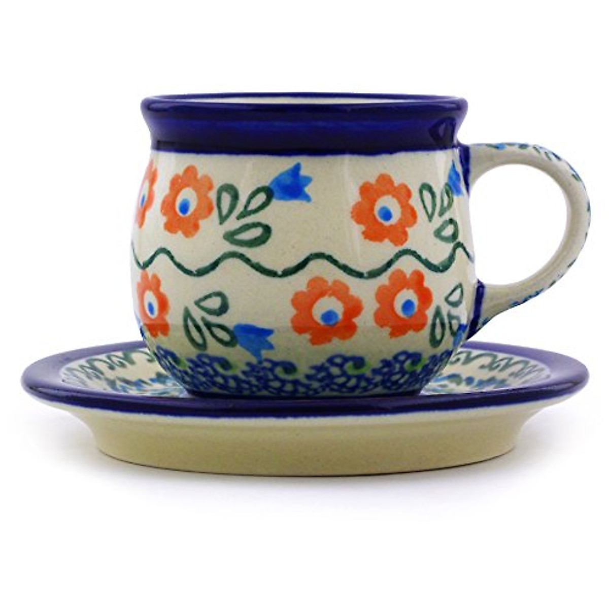 Polish Pottery Espresso Cup with Saucer 3 oz (Tulip Vines Theme)