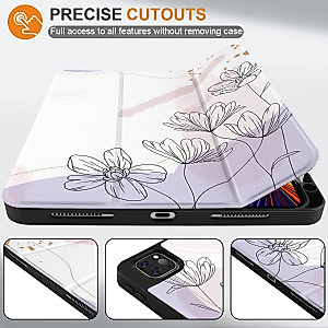 TWOLSKOO Case for iPad Pro 11-inch 4th Generation 2022, [Built-in Pencil Holder] Trifold Stand & Auto Wake/Sleep, Shockproof Cover Soft Back Shell, Also Fit iPad Pro 11" 3rd/2nd/1st Gen, Floral Line