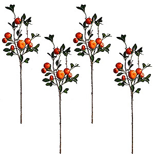 FXforer 4 Pcs Artificial Orange Branch,34.3 Inch Simulation Fruits Tree Stem with Green Leaves,Imitation Plants Bouquet for Home Garden Holiday Decor, 210402YF34-2-4a-10479-1849293441, Yellow, 87CM