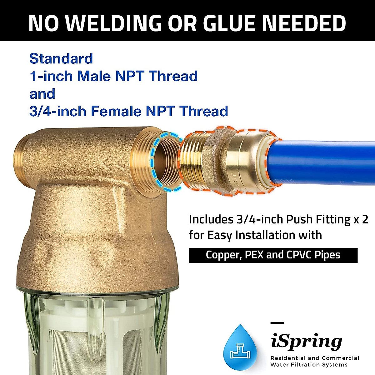 iSpring WSP100ARB Spin Down Sediment Water Filter, Reusable with Touch-Screen Auto Flushing Module and Built-in Housing Scraper, Brass Top Clear Housing, 100 Micron