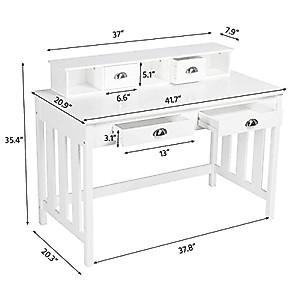 Yaheetech Writing Computer Desk Secretary Desk with Removable Floating Organizer, Workstation Laptop Table Home Office Notebook Desk Organizer with 2 Tier Hutch 4 Drawers, Solid Pine Wood Legs, White