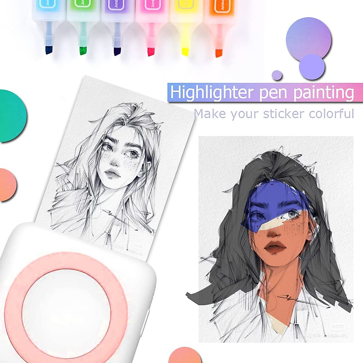 LetSketch Portable Pocket Printer, Thermal Label Maker, Sticker Printer Bluetooth Receipt Printer Compatible with Android & iOS 300dpi for Journal Book/Note/Label/Photo(7 Rolls Thermal Paper, Pink)