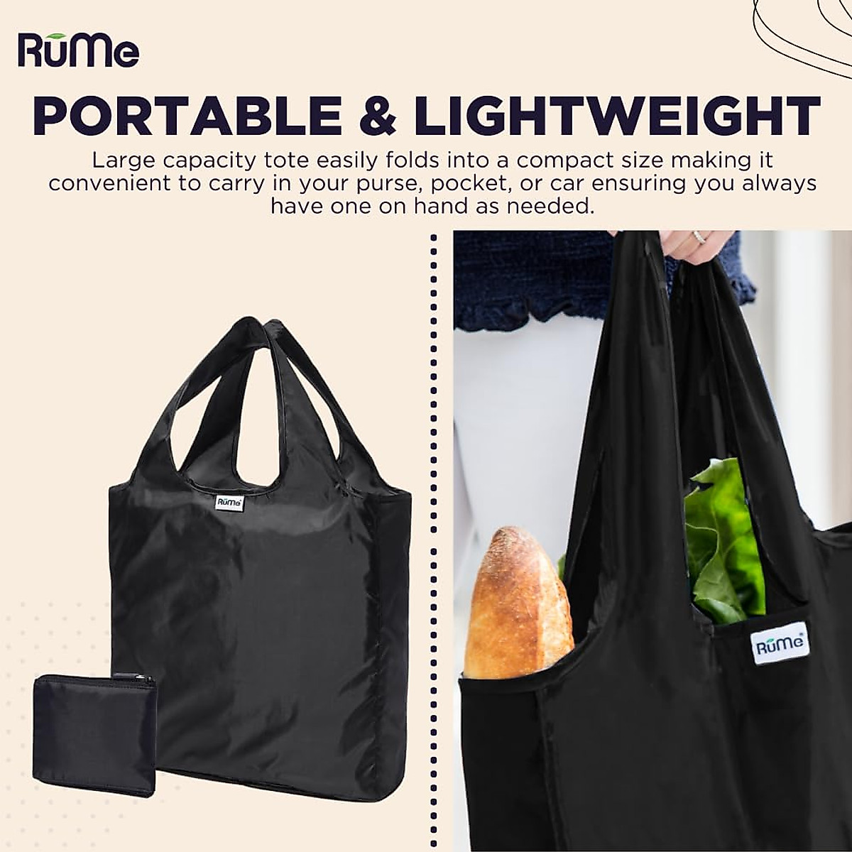 RuMe® Foldable Reusable Grocery Shopping Bag Tote | bFold Medium Tote Bag | Holds 50lbs | Folds into Zipper Pouch | 2 Pack