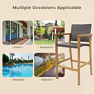 Tangkula Patio Rattan Bar Stool Set of 2, Outdoor PE Wicker Bar Chairs with Armrests, Counter Height Acacia Wood Barstools with Sturdy Footrests, for Balcony, Backyard, Poolside (2, Mix Brown)