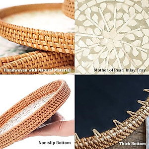 Tynulox 11.8" Rattan Tray with Mother of Pearl Inlay Wooden Base | Round Woven Wicker Tray | Coffee Table Tray for Storage Display Bread Fruit Breakfest