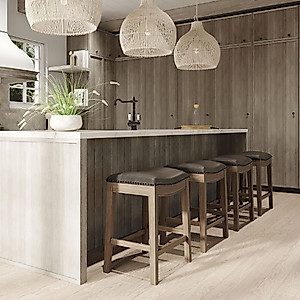 Maven Lane Adrien 26 Inch Counter Height Backless Saddle Barstool in Reclaimed Oak Finish with Ronan Stone Vegan Leather Cushion Seat