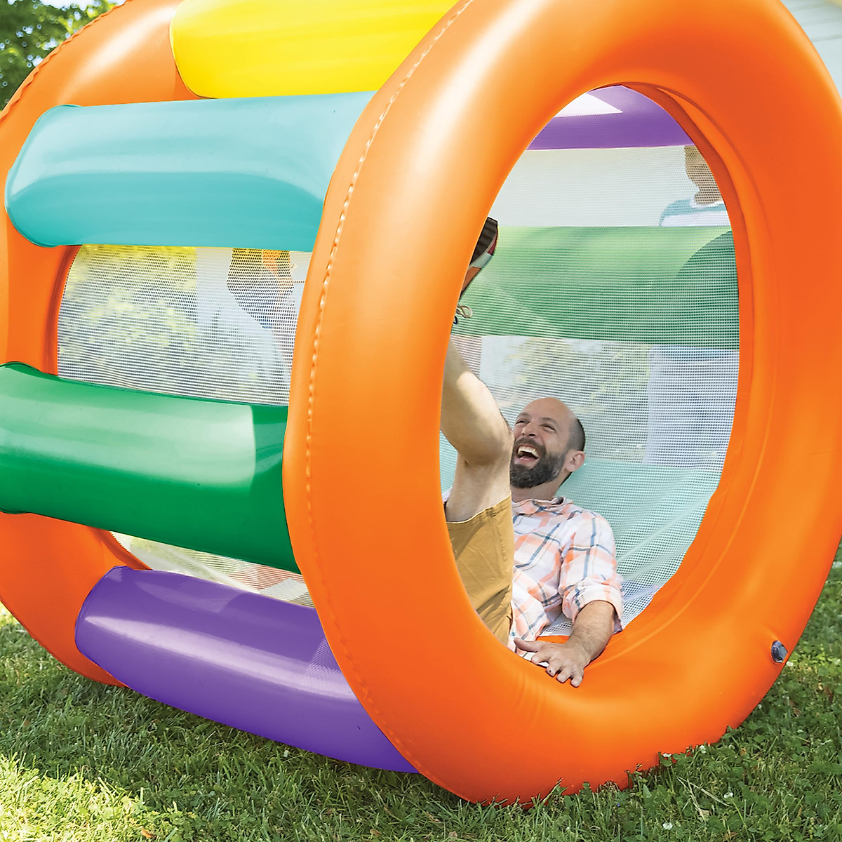 HearthSong Roll with It! 2.0 Giant Inflatable Rainbow Land Roller with Mesh Interior for Active Outdoor Play, 67" Outer Diam. x 45" Inner Diam., Holds up to 300 lbs.
