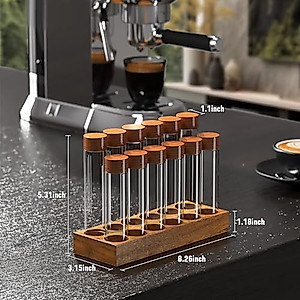 Coffee Bean Cellars with Stand & Hopper, Single Dose Coffee Bean Storage, 12 Pcs Espresso Bean Container with Wooden Holder, Dosing Glass Vials with Lids and Funnel for Tea, Coffee, Spices