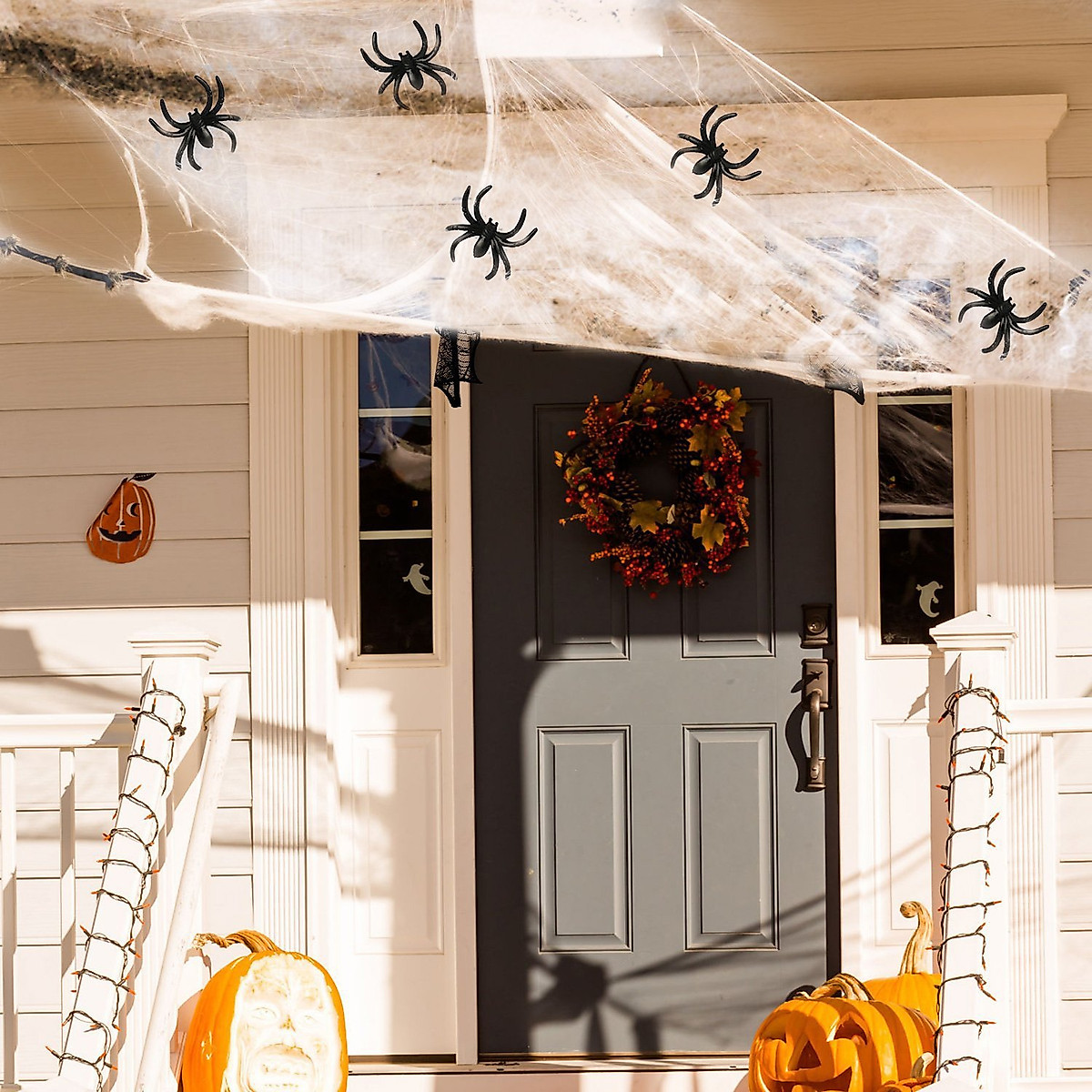 AOSTAR Halloween Stretch Spider Webs Indoor & Outdoor Spooky Spider Webbing with 50 Fake Spiders for Halloween Decorations