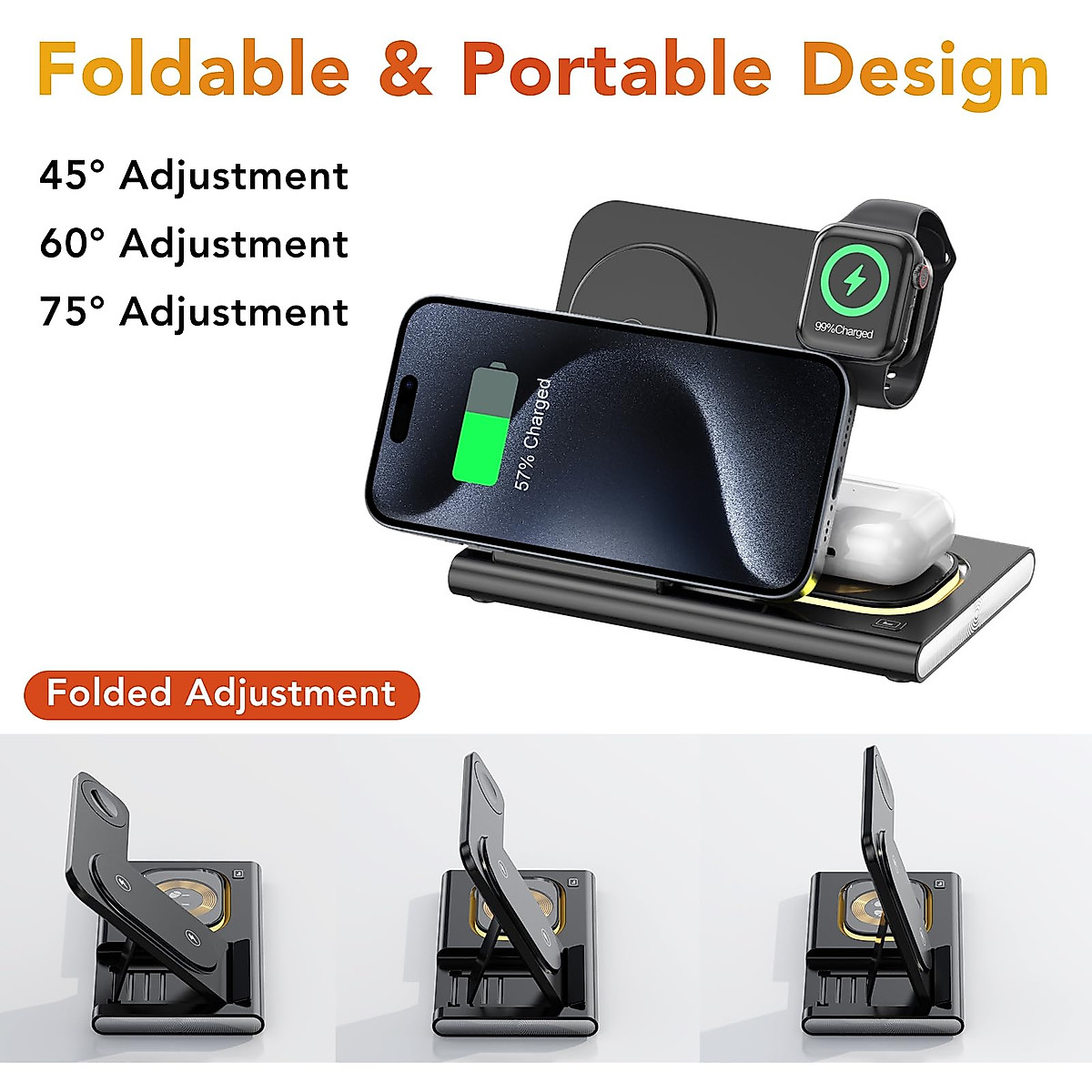 3 in 1 Foldable Charging Station for Apple Products,Fast Wireless Charger Travel Dock Adapter&Light for iPhone 15/14/13/12/11/X/XS/XR 8,iWatch Ultra2/9/Ultra/8/7/6/SE/5/4/3,Pods 3/2/Pro/2 (Black)