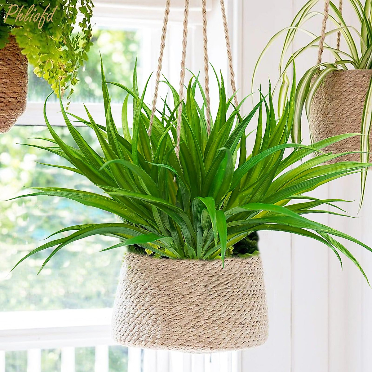 Phliofd 6Pcs Artificial Grass Fake Plants 17.3in 16 Leaves Outdoor Fake Grass UV Resistant Greenery Plastic Plants for Home Window Garden Office Patio Hanging Planter Pathway Front Porch Décor