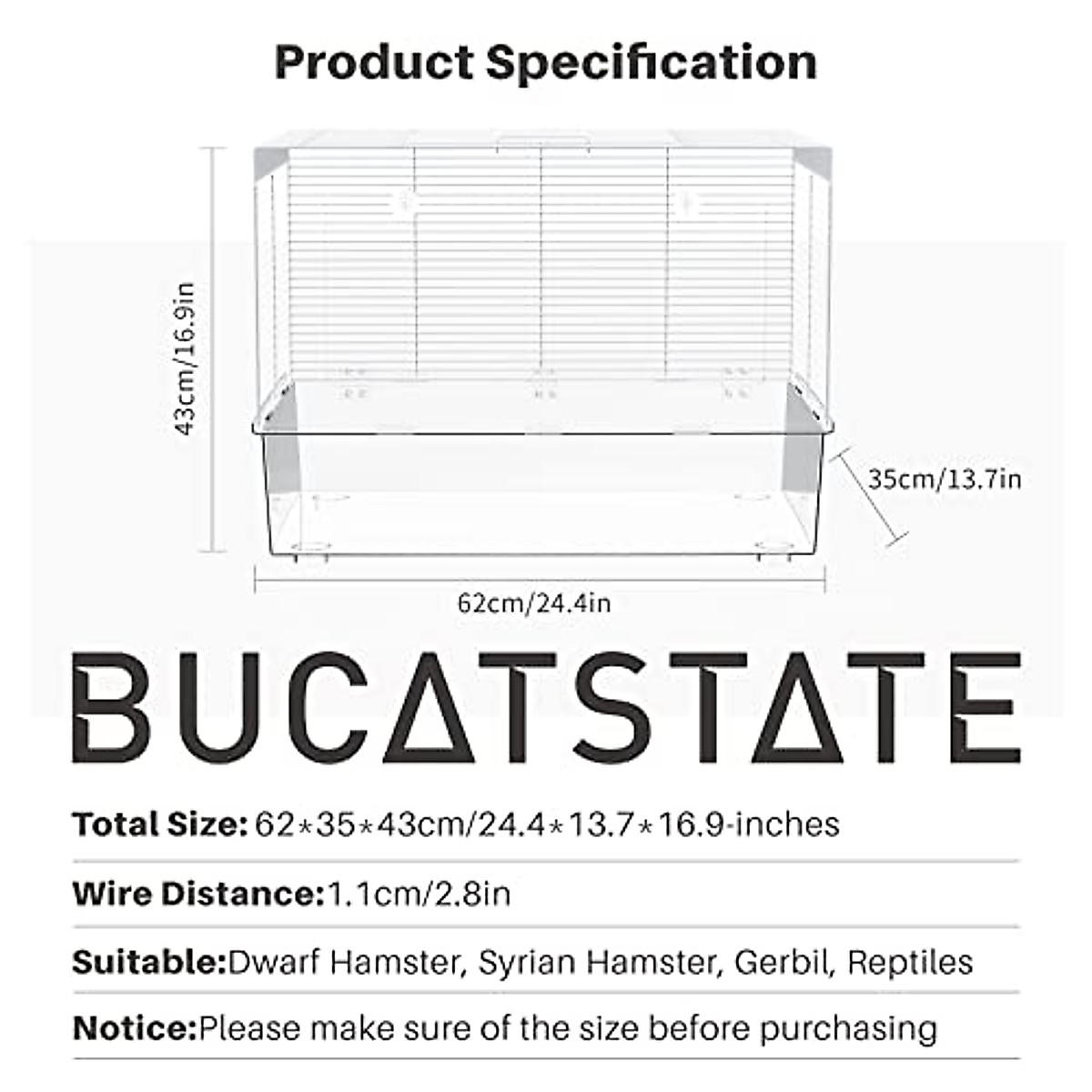 BUCATSTATE Hamster Cages with Free Accessories, Small Animal Cage and Habitats Stackable for Rats, Gerbil, Guinea Pig, Mice, Syrian Dwarf Hamster, Bird (24.4" L * 13.8" W * 16.9" H)