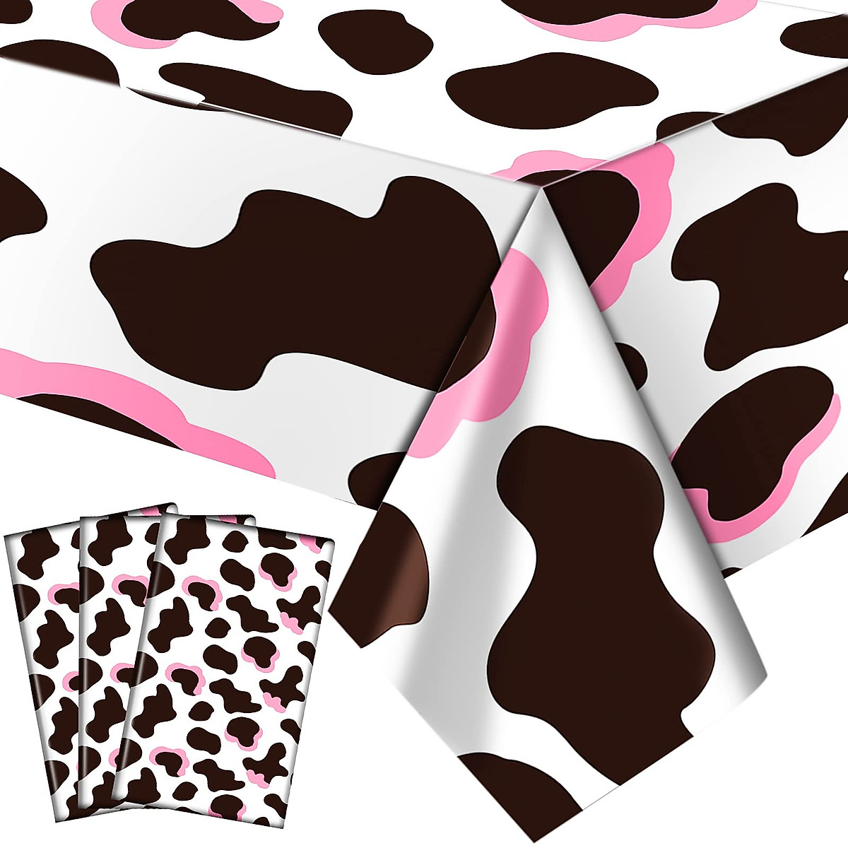 3 Pcs Pink Cowgirl Cow Print Table Cover Plastic Rectangle Cowgirl Farm Animal Theme Party Tablecloth Pink Black and White Cow Print Disposable for Kids Barnyard Baby Shower Birthday Party Supplies