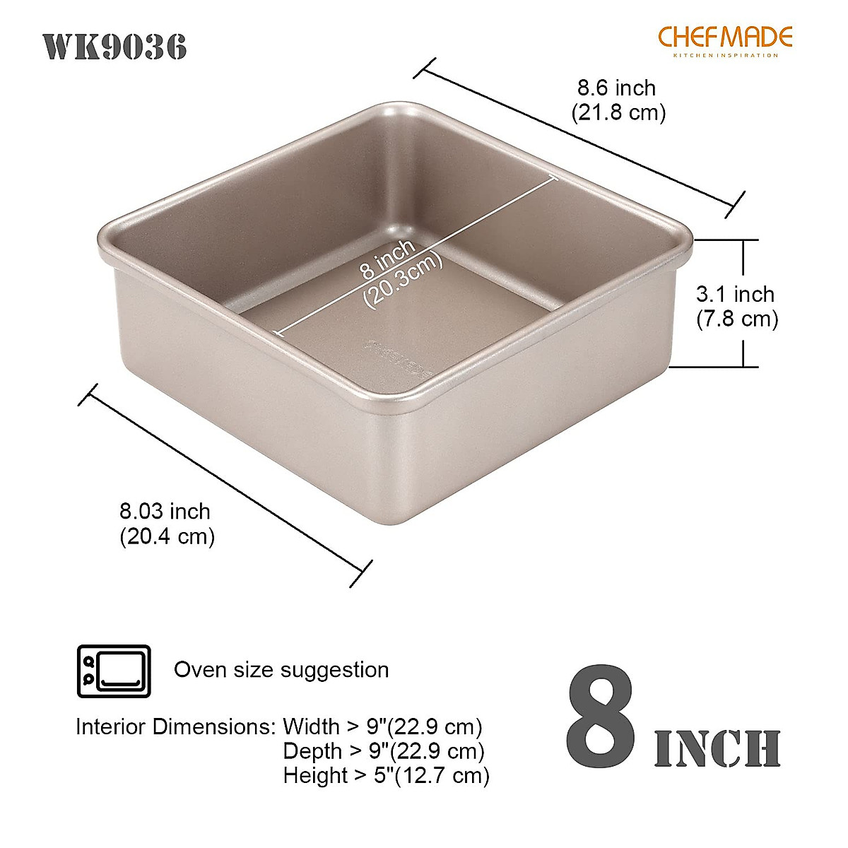 CHEFMADE Square Cake Pan, 8-Inch Deep Dish with Removable Loose Bottom Non-Stick Square Bakeware for Oven Baking (Champagne Gold)