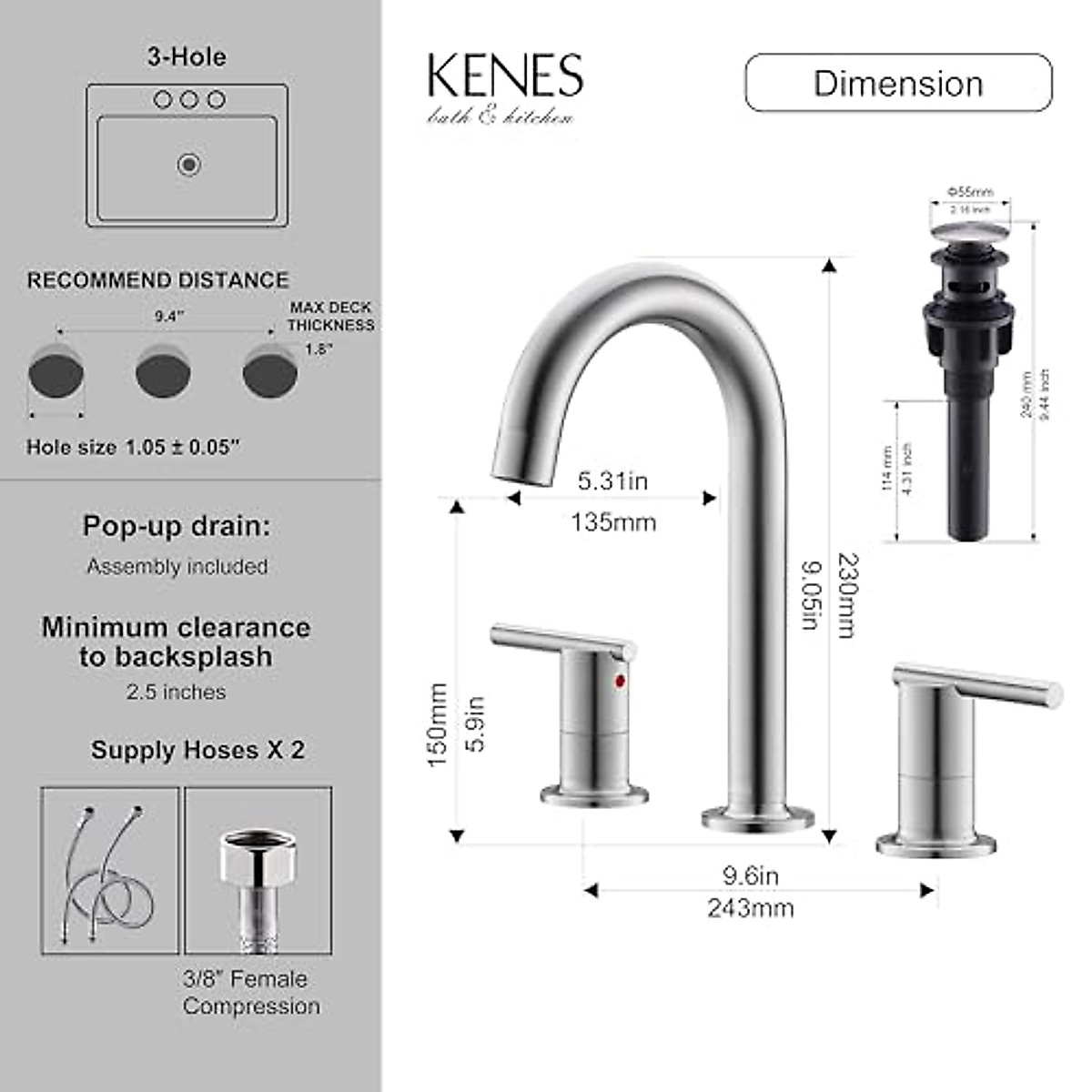 KENES Widespread Bathroom Faucet, Brushed Nickel 2 Handle 8 Inch Bathroom Sink Faucet, Bathroom Sink Faucet 3 Hole Lavatory Vanity Faucet with Pop Up Drain & Water Supply Hoses LJ-9018