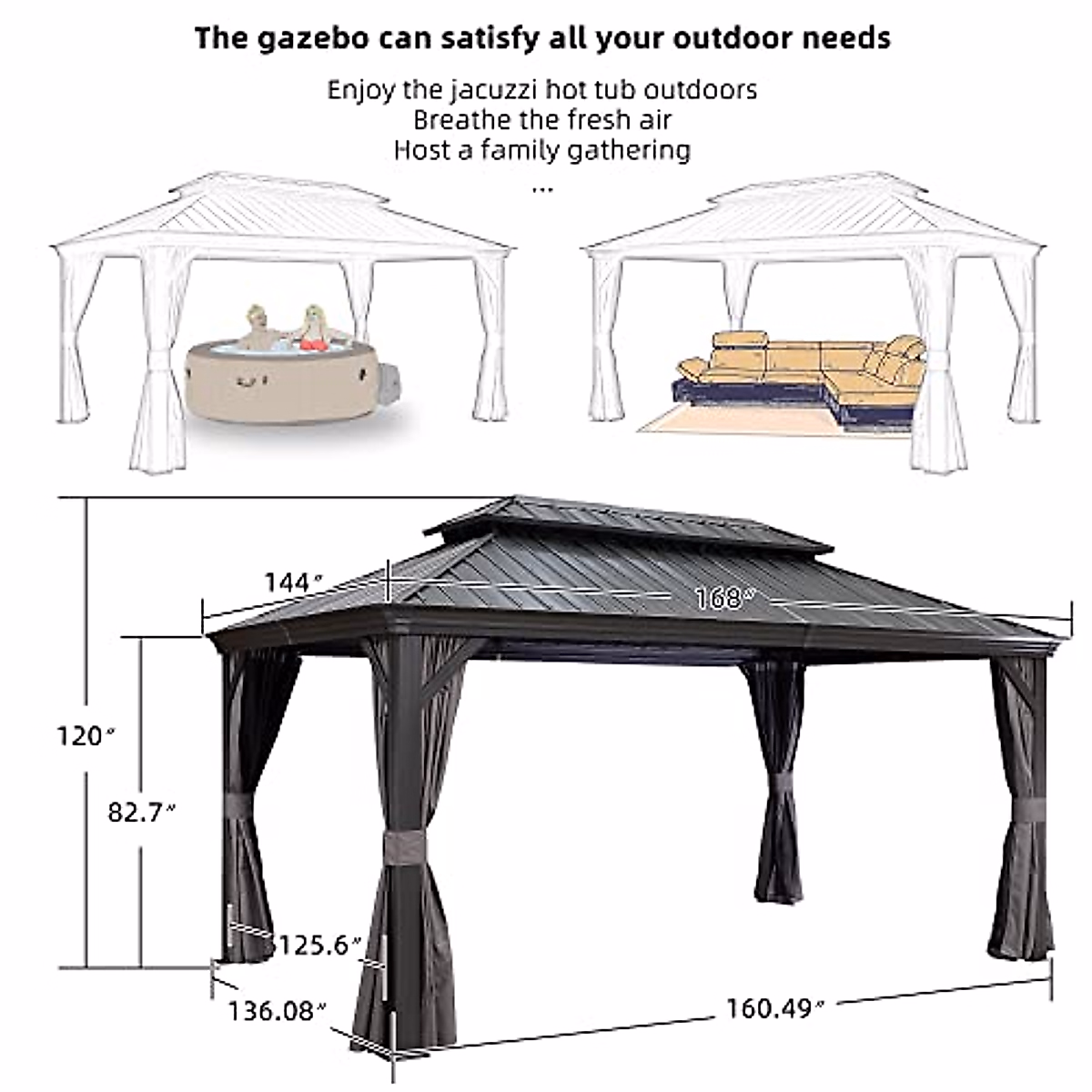 PURPLE LEAF 12' X 14' Hardtop Gazebo Aluminum Permanent Outdoor Gazebo with Galvanized Steel Double Roof for Patio Backyard Curtains and Netting Included Grey