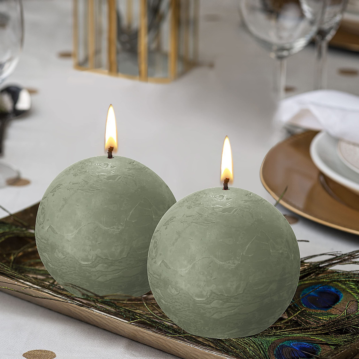BOLSIUS 3 Pack Fresh Olive Rustic Ball Pillar Candles - 3 Inch - Premium European Quality - Includes Natural Plant-Based Wax - Unscented Dripless Smokeless 25 Hour Party Décor and Wedding Candles