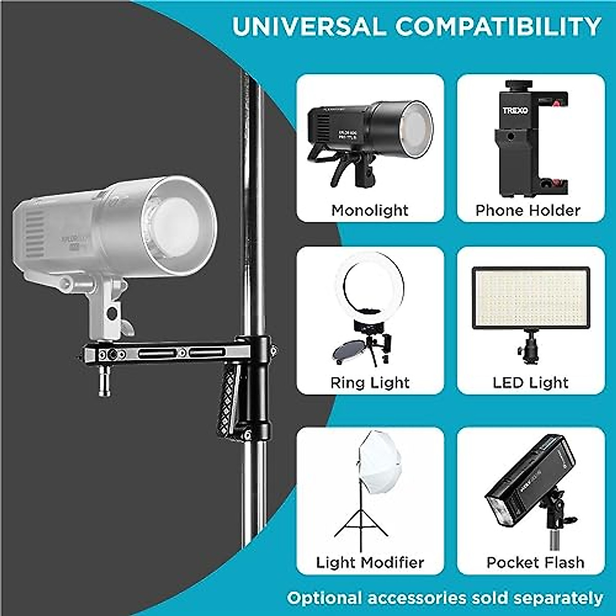 Flashpoint RB-PG Steel Wheeled Pistol Grip Heavy Duty Light Stand for Photography w/Sliding Arm & Chrome-Plated Column Stand, Max. Height 6.5' Max. Load 22 Lbs, Suitable for Light Stand Photography