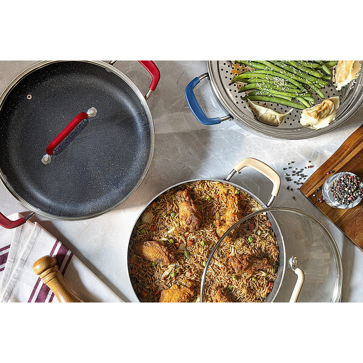 Granitestone Nonstick Everyday Pan Stir Fry Pan Multi-Purpose Pan 3 Piece Set with Tempered Glass Lid & Stainless-Steel Steamer, 5.5 Qt, Dishwasher Safe - 100% PFOA FREE, Turquoise