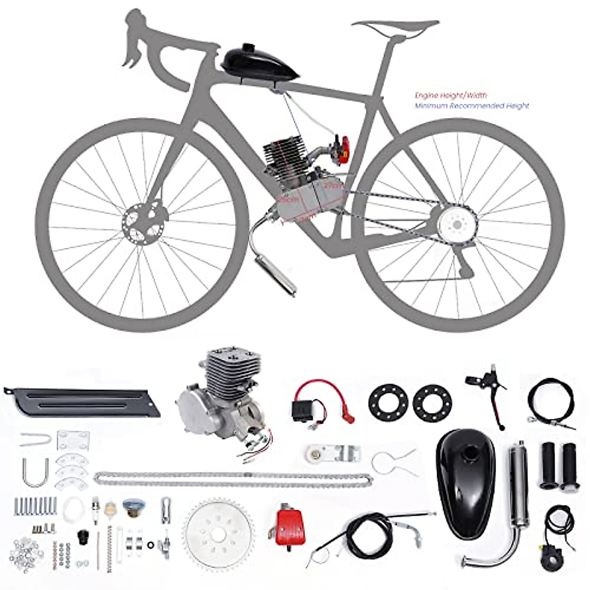 Frederimo 100cc Bicycle Engine Kit, 2 Stroke Bike Motor Kit Petrol Gas Motor Conversion Kit Air-Cooling Motorized Bicycle Kit Super Fuel-efficient Modified Full Set…