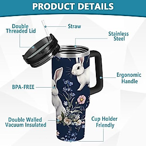 Bokkoy Cute Rabbits 40 oz/30 oz Tumbler with Handle and Straw Stainless Steel Tumbler with Lid Reusable Vacuum Insulated Cup