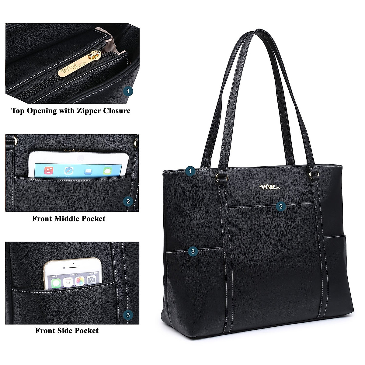 NNEE Classic Laptop Leather Tote Bag for 15 15.6 inch Notebook Computers Travel Carrying Bag with Smart Trolley Strap Design - Black