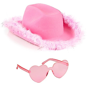 Funcredible Pink Cowboy Hat and Glasses - Fluffy Cowgirl Hat with Star for Girls - Cowboy Hat with Feathers - Cowgirl Accessories - Halloween Accessories for Women