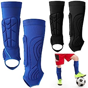 2 Pairs Soccer Football Shin Guards Shin Pads Protective Kids Soccer Ankle Guards Protector Kids Football Gear Equipment with Lower Leg and Ankle Guards Pads for 6-12 Boys Girls Teenagers, Blue Black