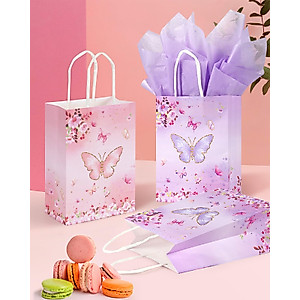 LWBDD 16 Pcs Butterfly Party Favors Gift Bags Goodie Bags, Pink Purple Treat Candy Bags; small size Paper Bags with Handles & Tissue Paper for Girls Butterfly Birthday Party Supplies Baby Shower