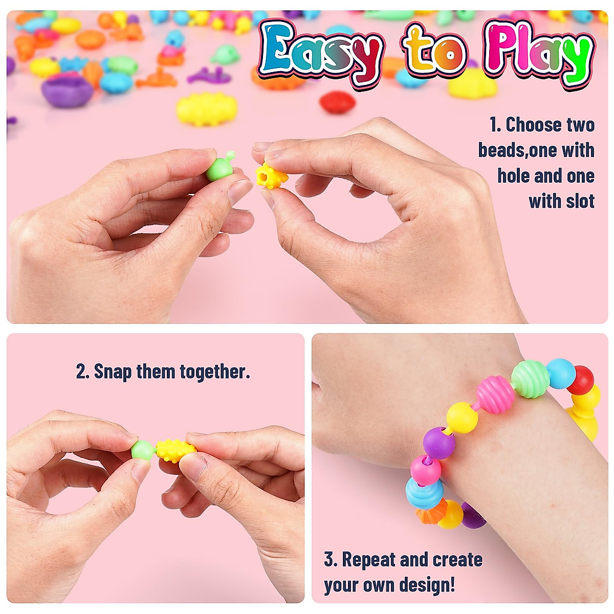 FUNZBO 520+ Snap Pop Beads - Beads for Bracelets Jewelry Making Kit, Arts and Crafts Supplies for Kids, Toys for Girls Age 3 4 5 6 7 8 Years Old Birthday Easter Holiday Valentine Gift